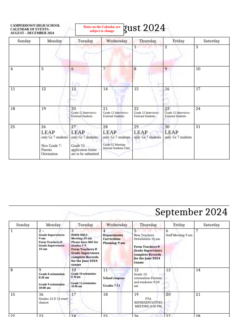 CALENDAR OF EVENTS Staff-2024 | PDF