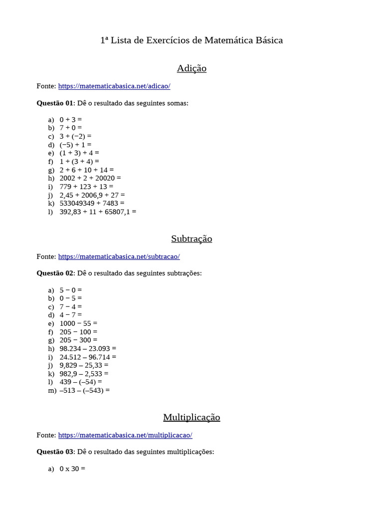 1ª Lista de Exercícios de Matemática Básica | PDF