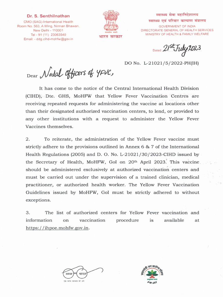 DO Letter Yellow Fever Vaccination Centre 21 July | PDF