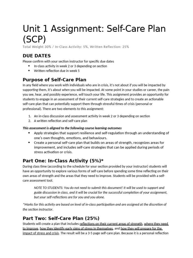 COUN127 Unit 1 ASSESSMENT Self-Care Plan | PDF