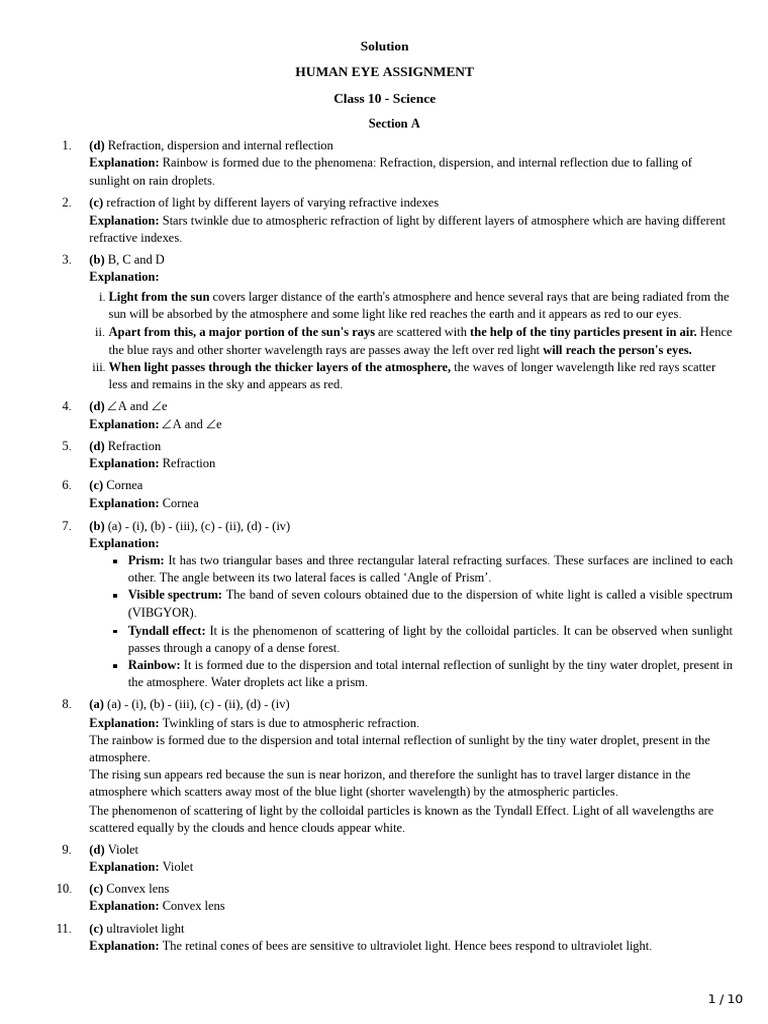 Assignment Human Eye 22-23 Sol | PDF