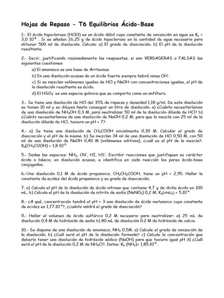 Hojas de Repaso - T6 Equilibrios Ácido-Base | PDF
