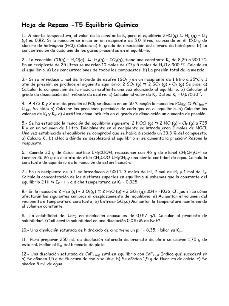 Hoja de Repaso - T5 Equilibrio Químico | PDF