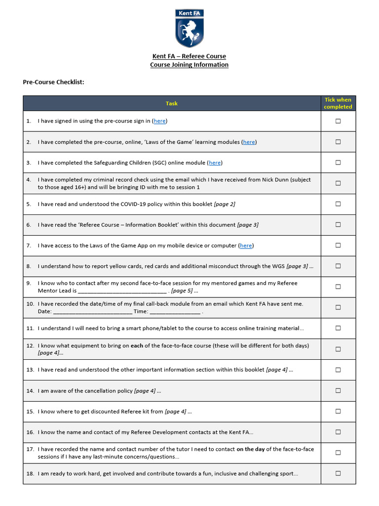 Kent FA Booklet & Pre-Course Information | PDF
