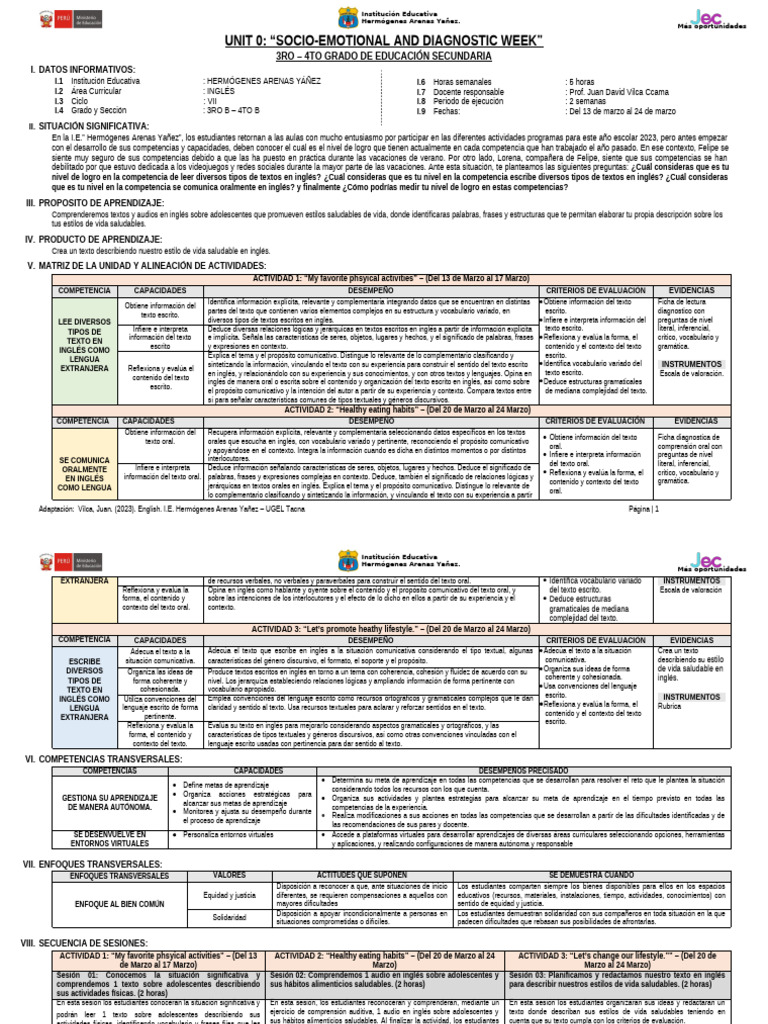 3ro - 4to Grado - Unidad 0 - Ciclo 7 - 2023 | PDF