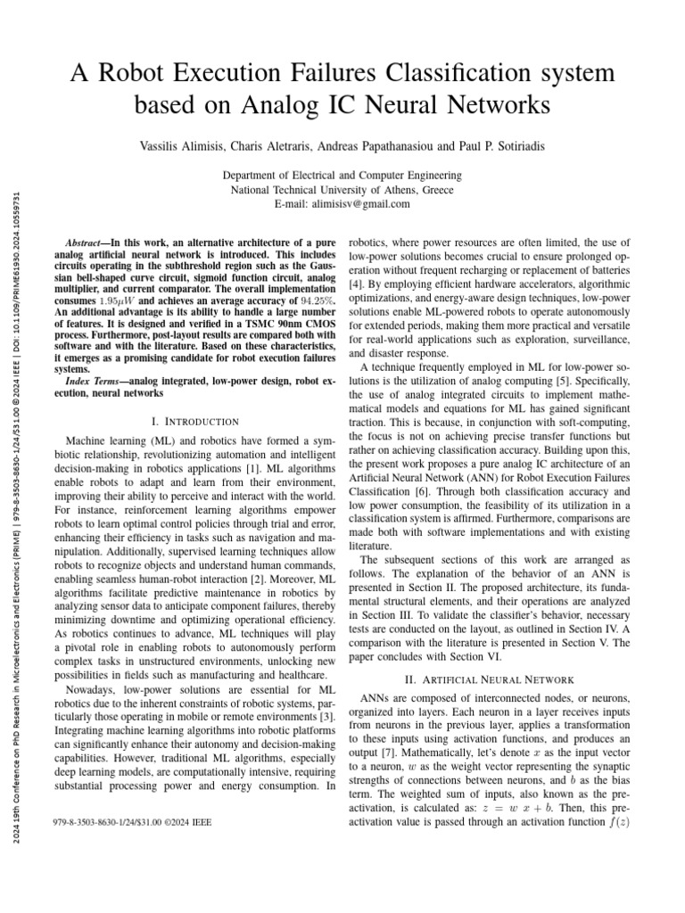 A Robot Execution Failures Classification System Based On Analog IC Neural Networks | PDF
