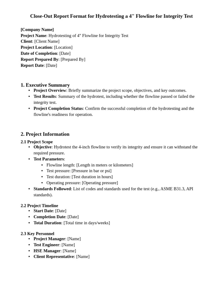 Close-Out Report Format For Hydrotesting A 4inch Flowline For Integrity ...