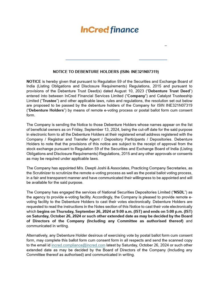 Postal Ballot Notice To Debenture 23 Sept | PDF