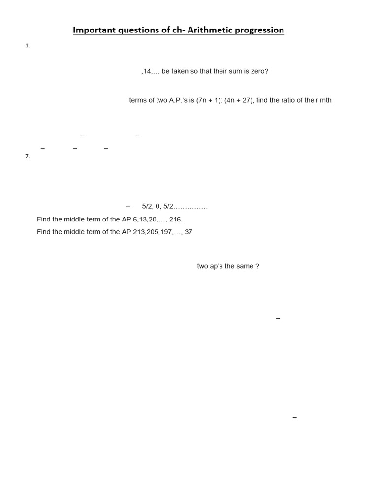 Arithmetic Progression Important Questions For Boards 2024-2025 Competency Based Questions | PDF ...