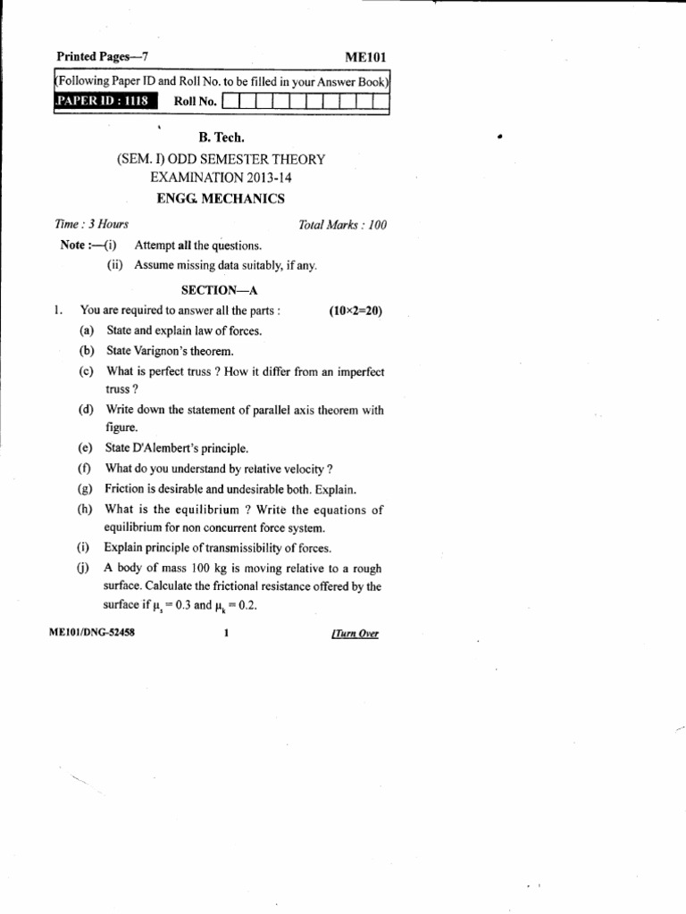 Btech 1 Sem Engineering Mechanics Me101 2014 | PDF | Science & Mathematics Btech 1 Sem Engineering Mechanics Me101 2014 | PDF | Science & Mathematics