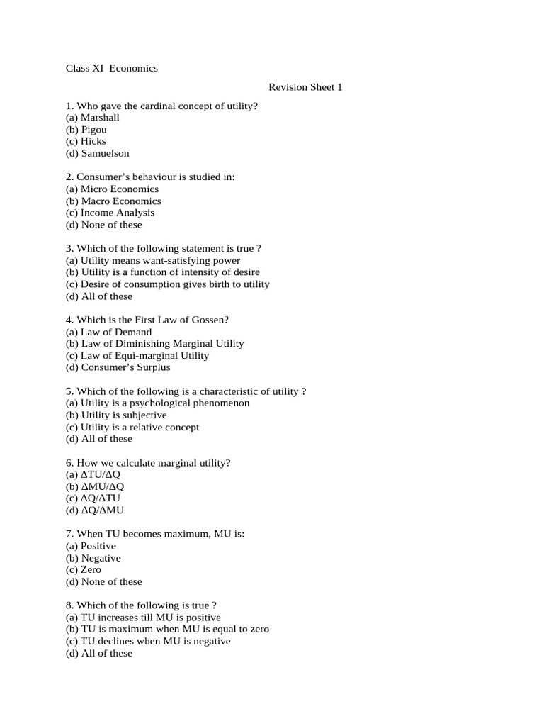 XI Economics Revision Sheet 1 | PDF