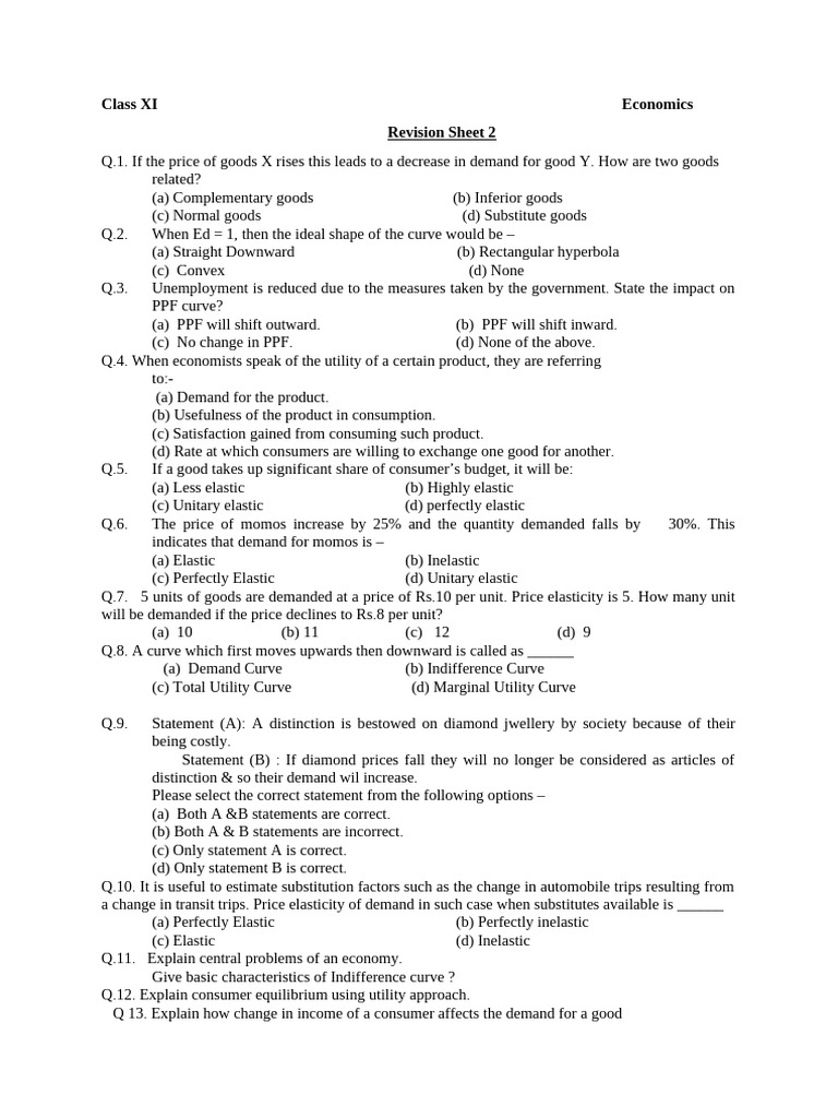 XI Economics Revision Sheet 2 | PDF