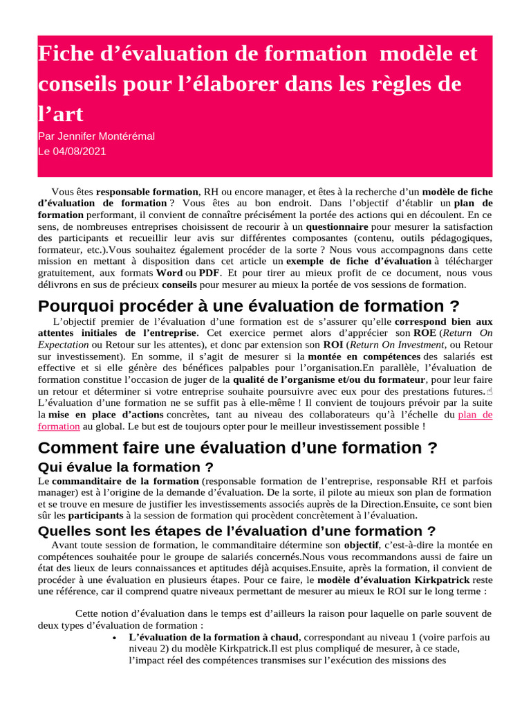 Fiche D'évaluation de Formation Modèle Et Conseils Pour L'élaborer Dans ...