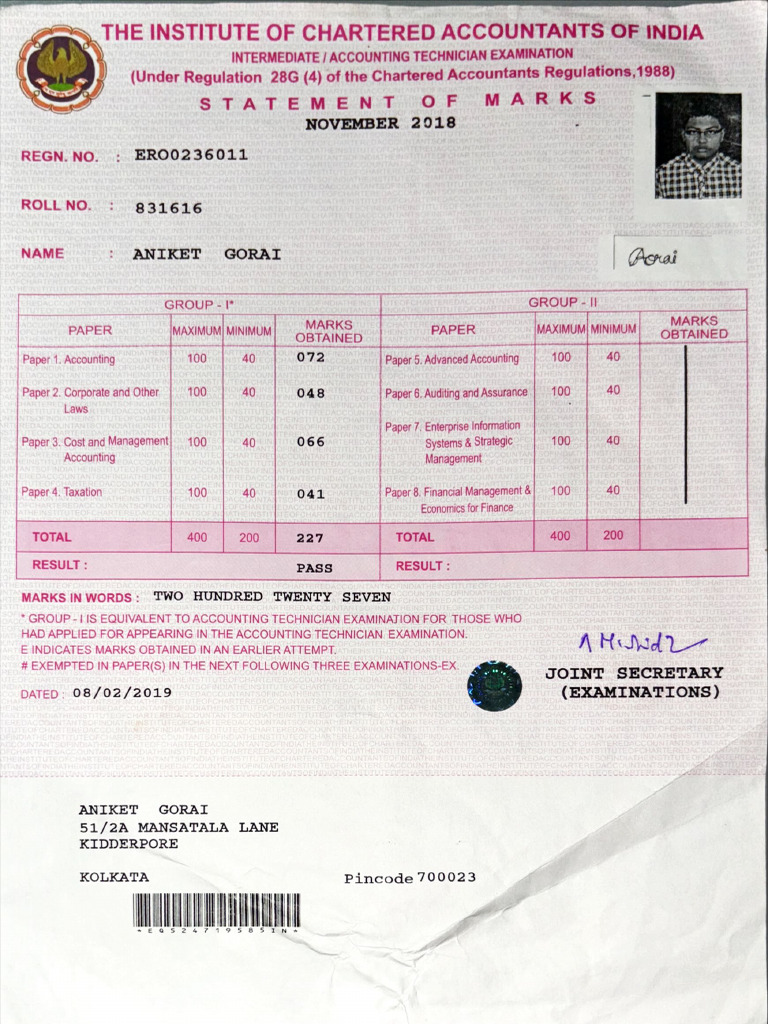 Intermediate Group 1 Marksheet | PDF