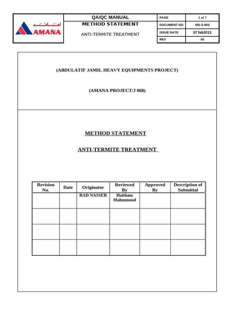 (Abdulatif Jamil Heavy Equipments Project) : Method Statement Anti-Termite Treatment | PDF