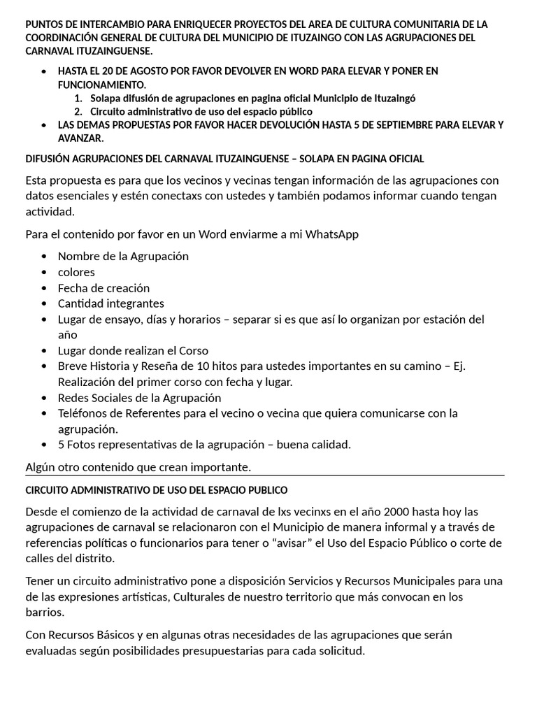 Puntos de Intercambio Para Enriquecer Proyectos Del Area de Cultura Comunitaria de La ...