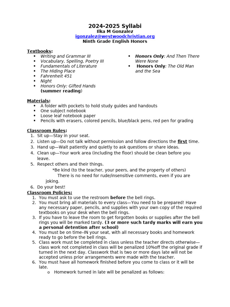 English Honors 9th Syllabus Gonzalez (2) 2024-2025 | PDF