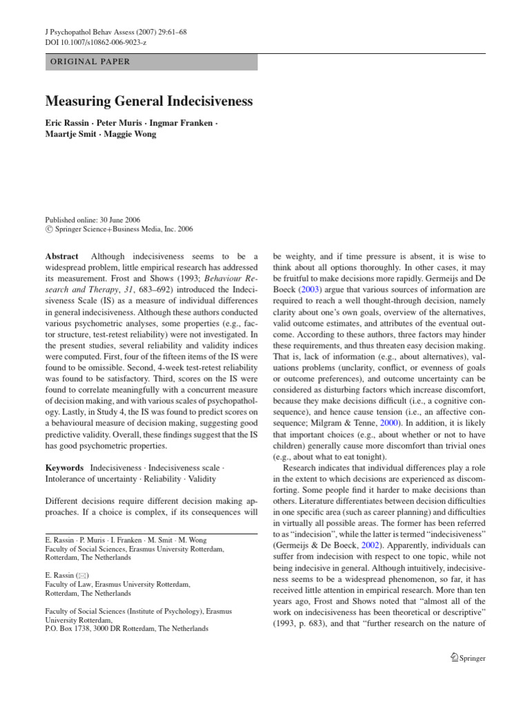 Indecisiveness Scale | PDF