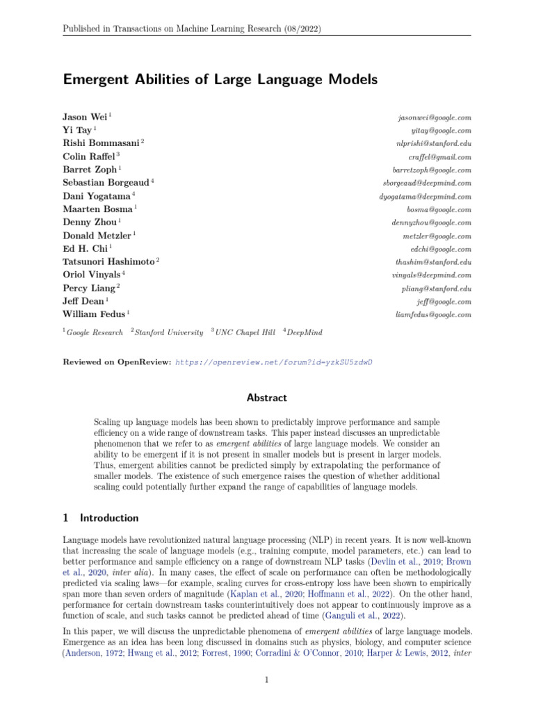 Emergent Abilities of Large Language Models: Reviewed On Openreview | PDF