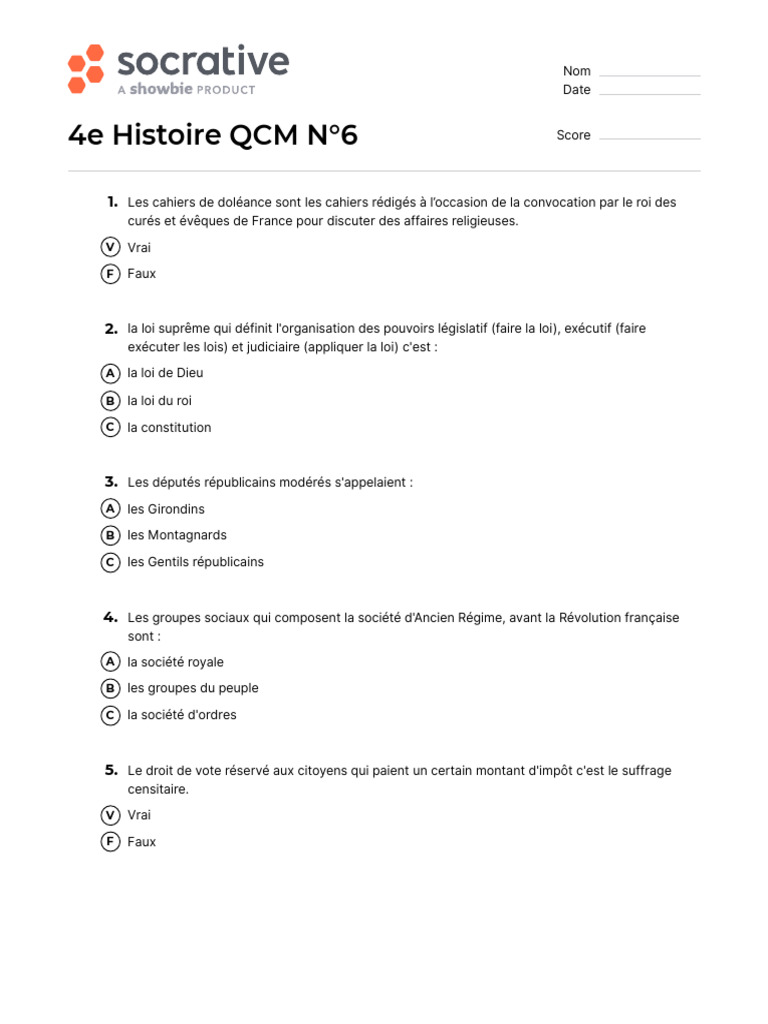 Quiz - 4e Histoire QCM N°6 | PDF