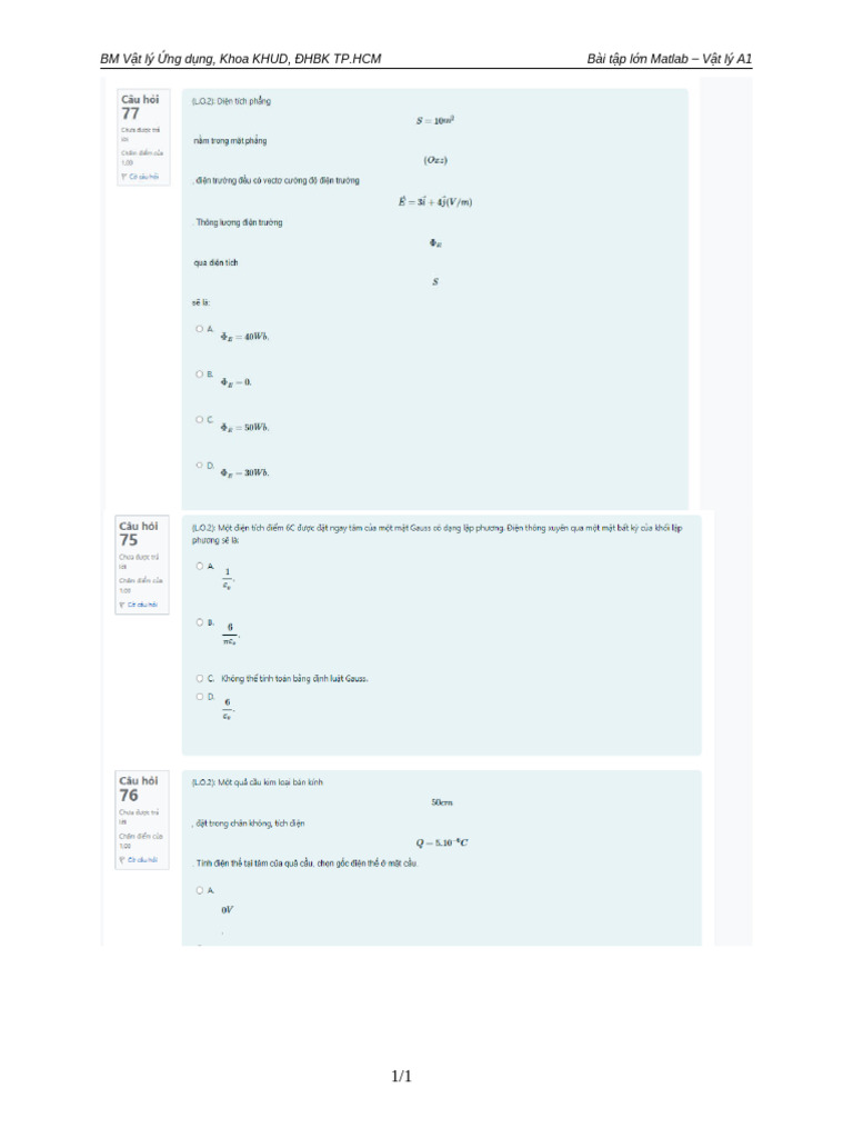 BM Vật lý Ứng dụng, Khoa KHUD, ĐHBK TP.HCM Bài tập lớn Matlab - Vật lý A1 | PDF