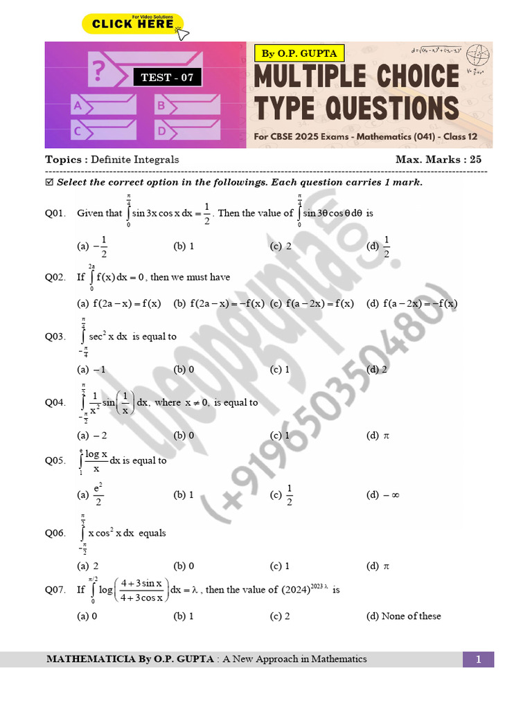 7 MCQ - Definite Integrals | PDF