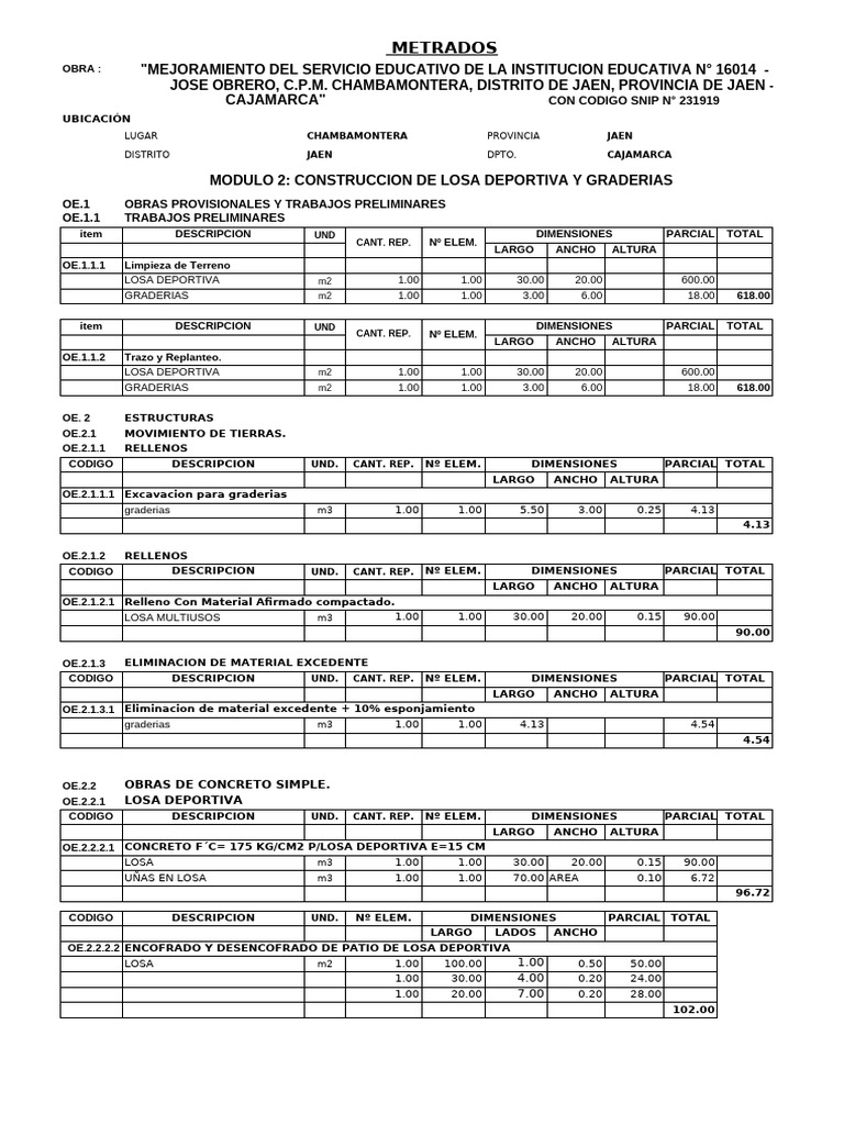 Metrados Segundo Modulo Losa Multiuso | PDF