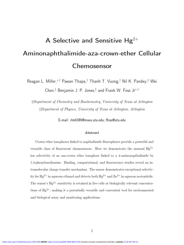 A Selective and Sensitive hg2 Aminonaphthalimide Aza Crown Ether Cellular Chemosensor | PDF