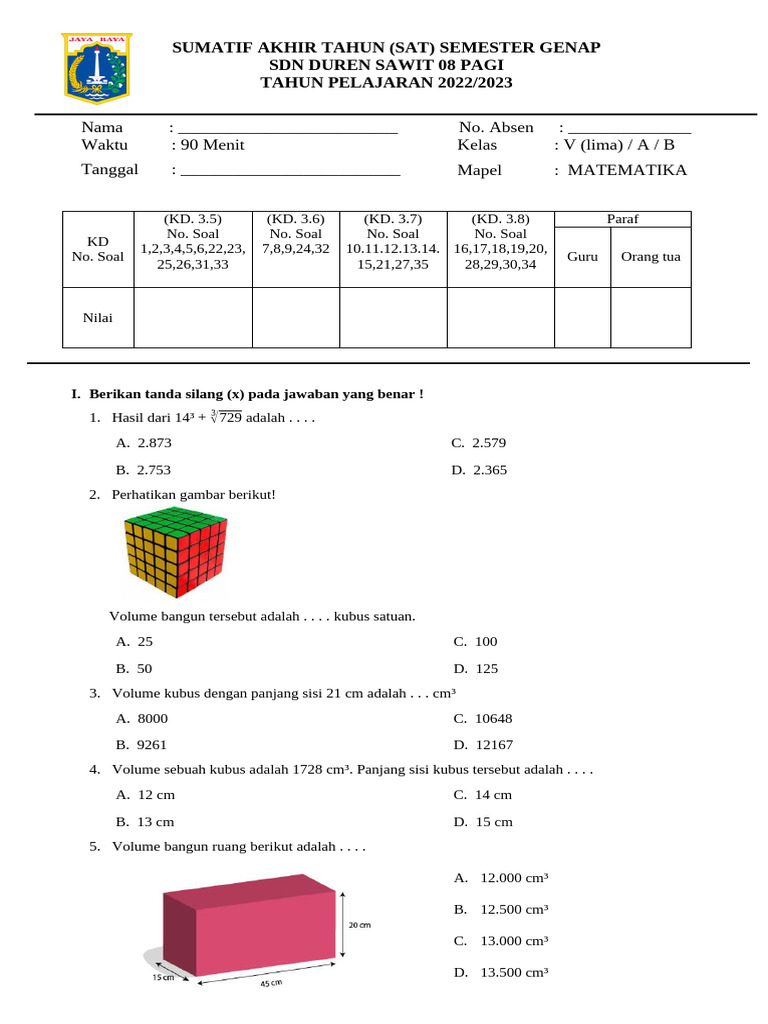 Soal Sat Mat Klas V, 2023 | PDF
