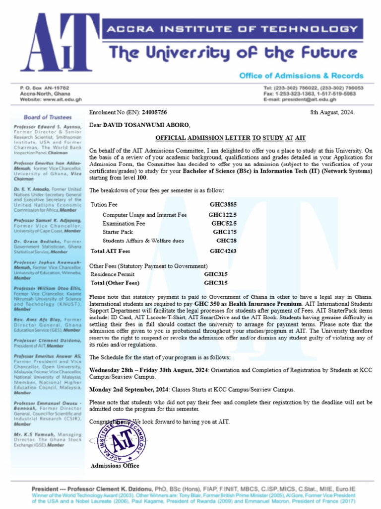 Dta Ait Admission Letter. | PDF