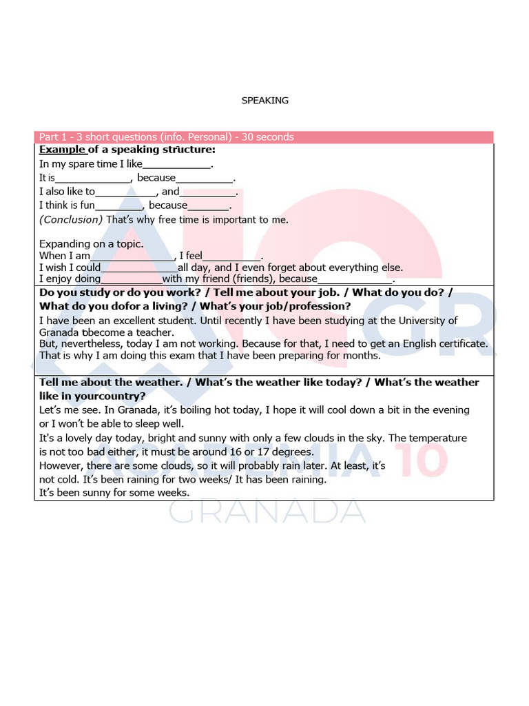 Ejercicios de Speaking | PDF