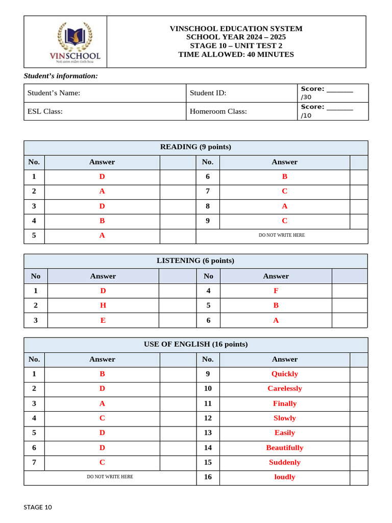 S10 - Unit Test 2 Key | PDF