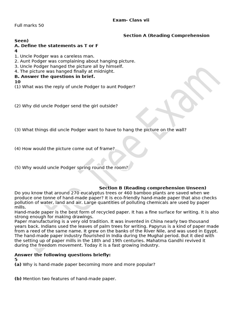 Class Vii Uncle Podger Hangs A Pic Exam | PDF