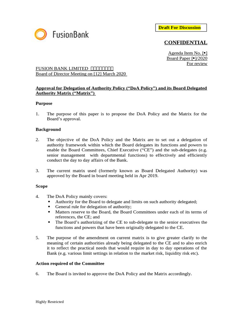 (Draft) Board Paper - Approval For (Delegation of Authority Policy With ...