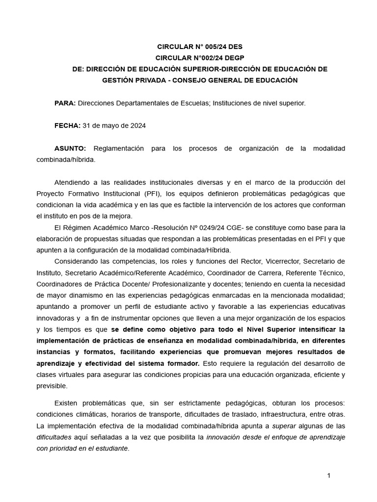 CIRCULAR N°005 - 24 DES - Reglamentación para Los Procesos de Organización de La Modalidad | PDF
