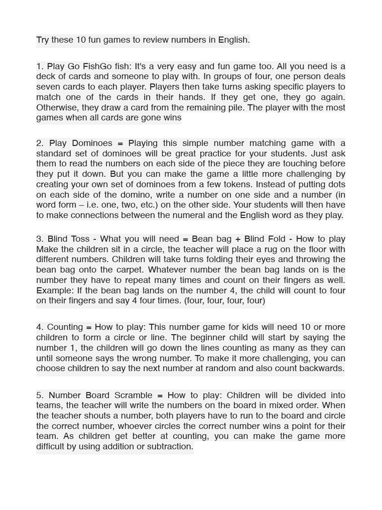 Games To Learning Numbers | PDF | Gaming | Language Arts & Discipline