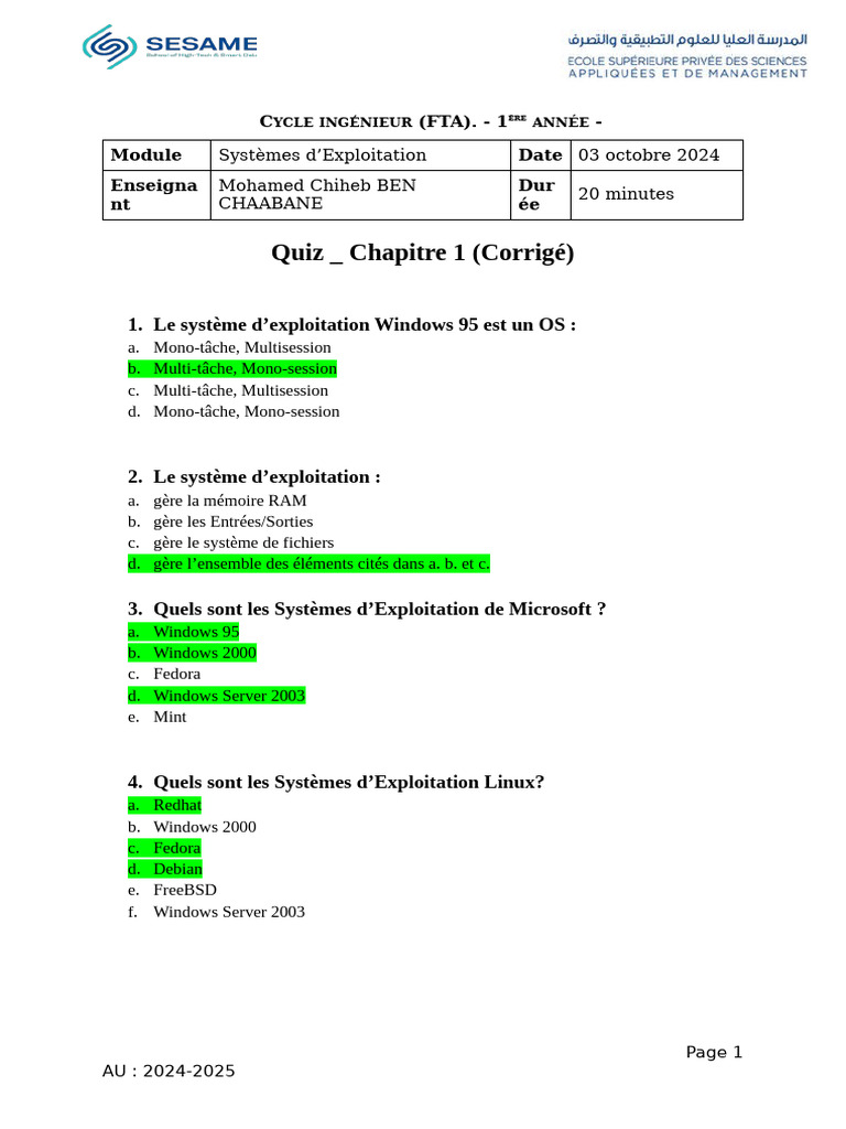 Quiz SE - Chapitre 1 - Généralités Des SE - Corrigé | PDF