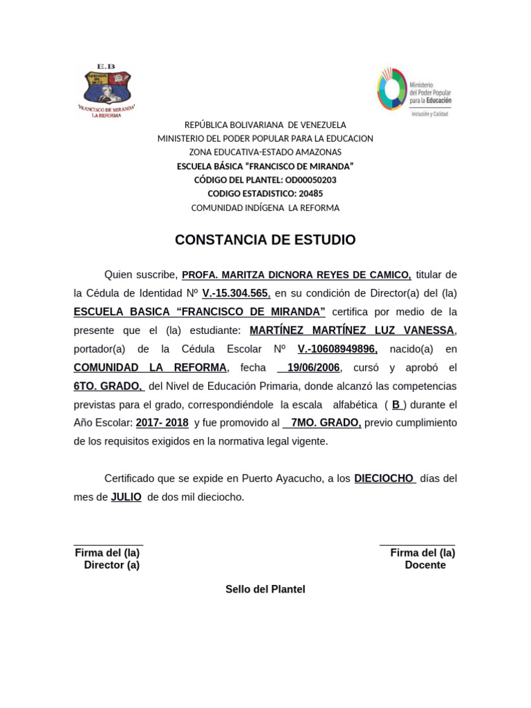 Constancia de Estudio | PDF | Documento de identidad | Educación primaria