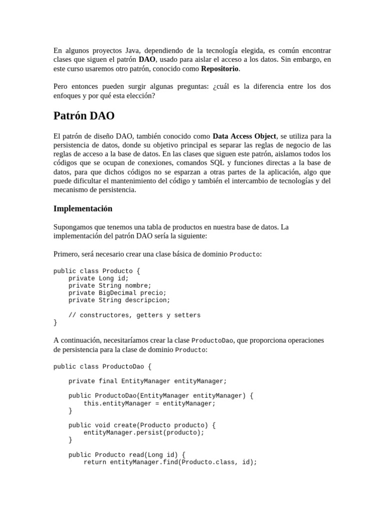 DAO vs Repositorio en Java: Claves y Ejemplos | PDF | Bases de datos ...