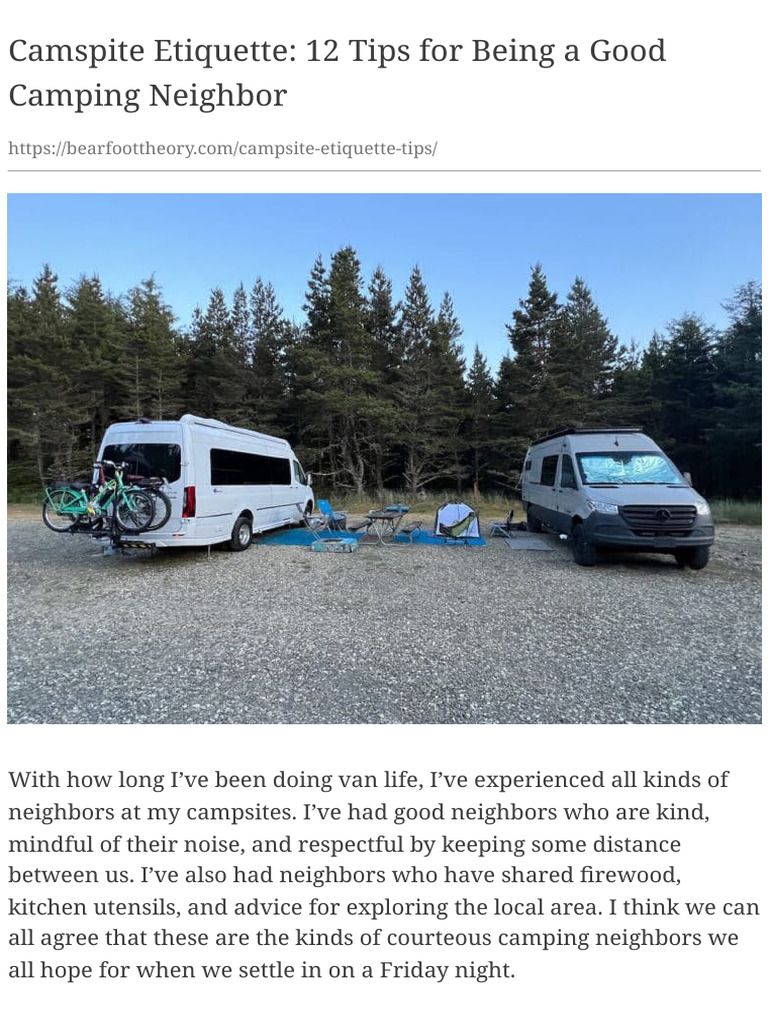 Campsite Etiquette - 12 Tips For Being A Good Camping Neighbor | PDF