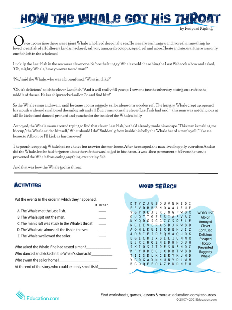 Reading Comprehension Whale Throat Worksheet | PDF