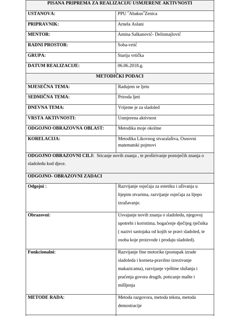 Priprema Vrtić "Vrijeme Je Za Sladoled" | PDF