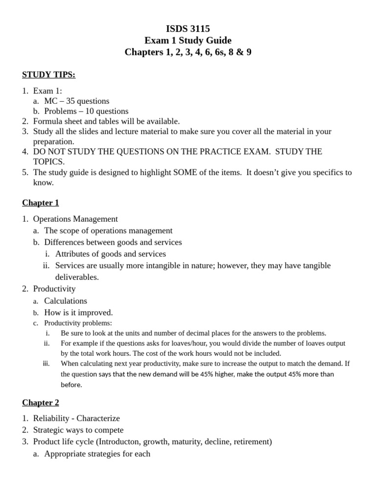 ISDS 3115 Exam 1 Study Guide Fall 2024 | PDF