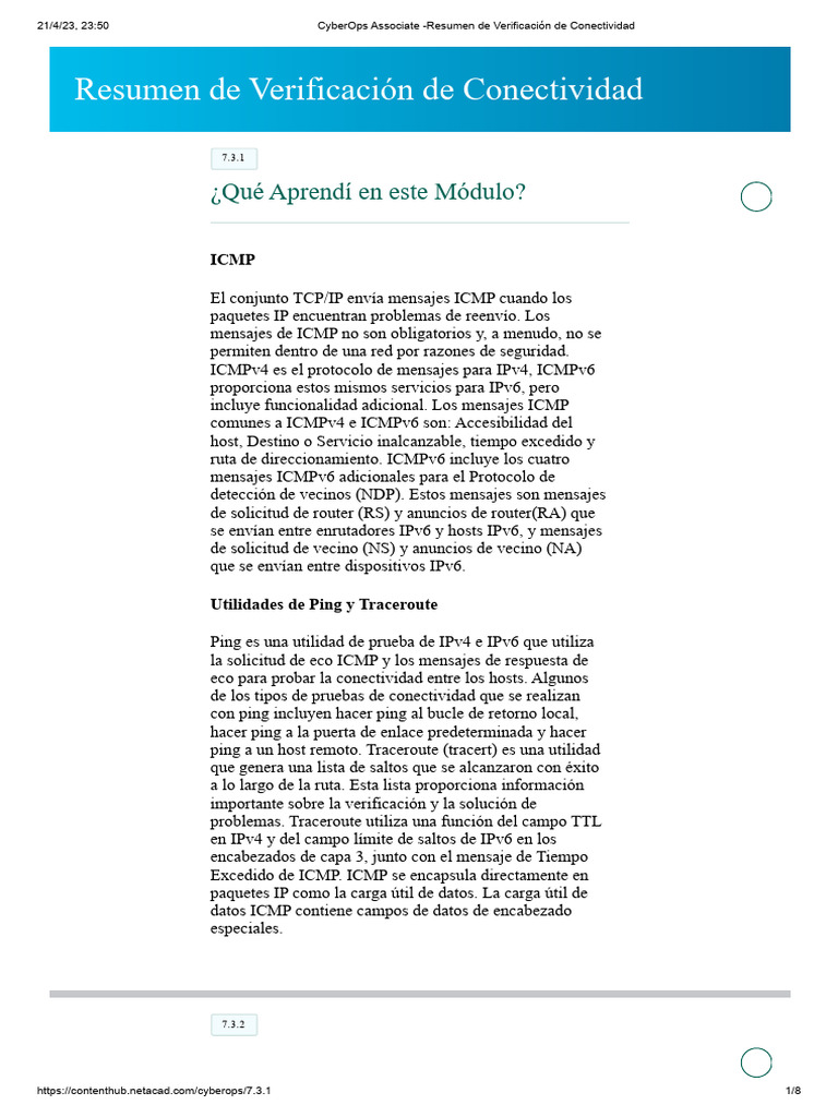 cuestionario 7 -Resumen de Verificación de Conectividad | PDF