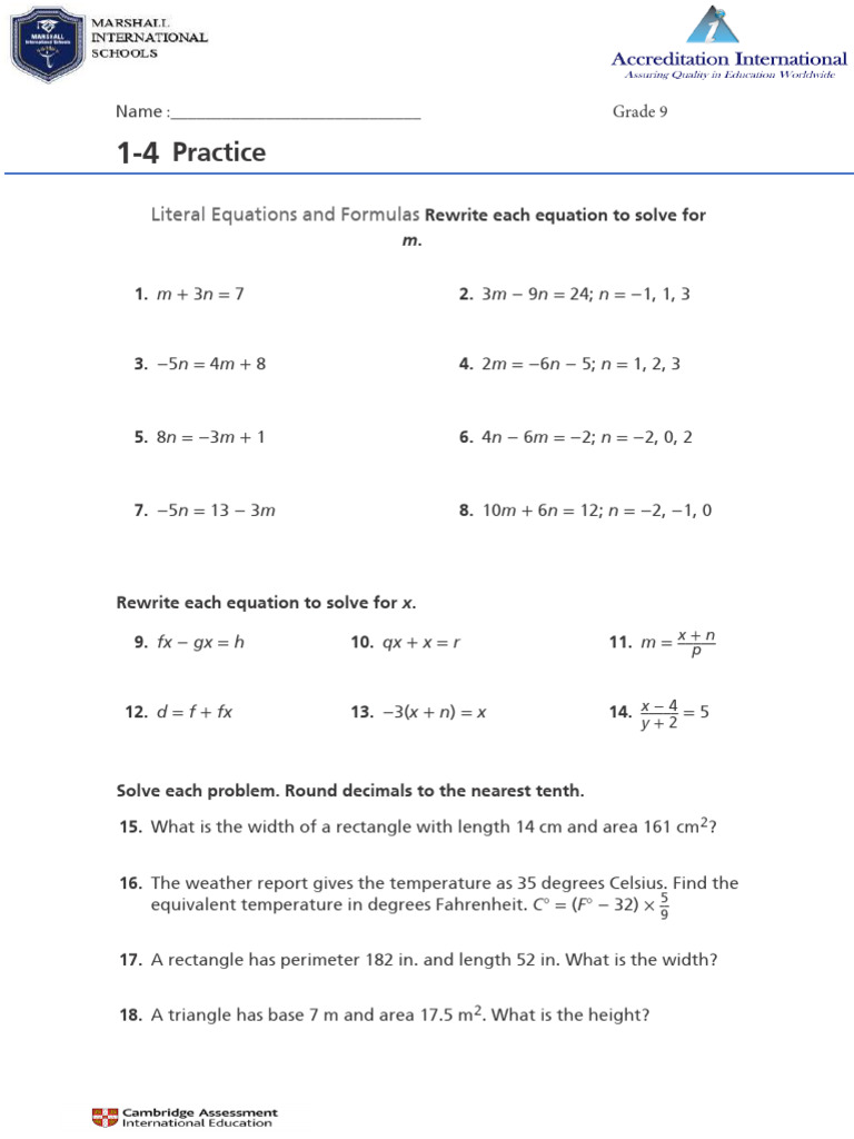Practice: Literal Equations and Formulas | PDF