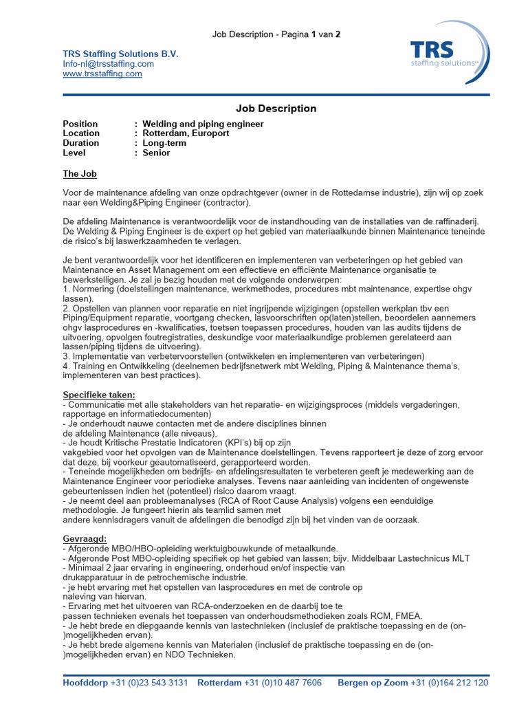 Welding and Piping Engineer - Job Description - TRS | PDF