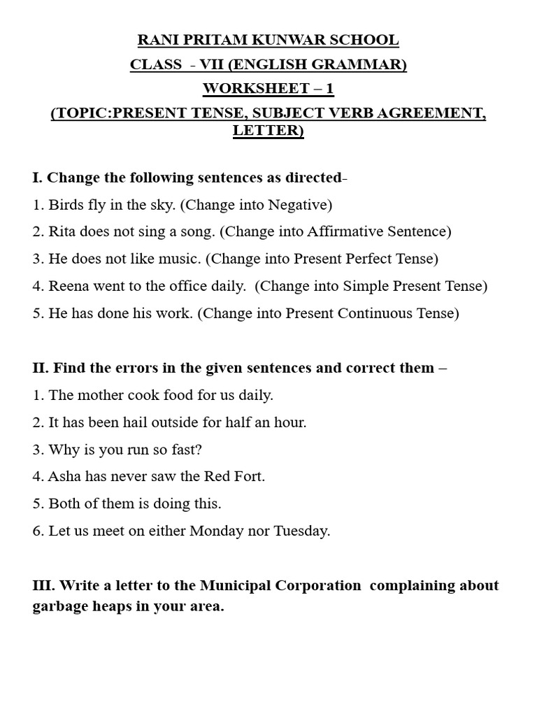 Class VII Worksheet1 | PDF