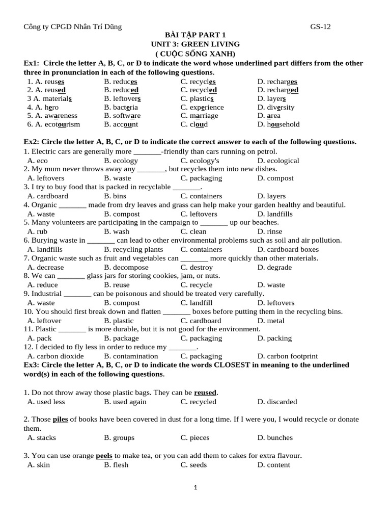 BÀI TẬP Bổ trợ Grade 12 UNIT 3 | PDF