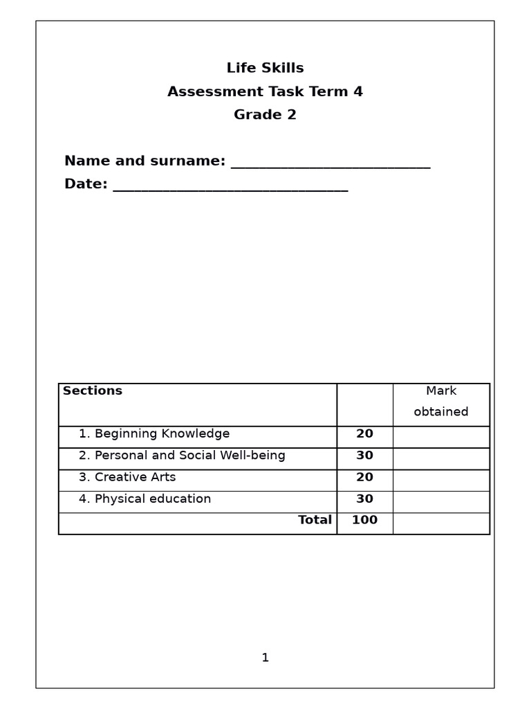 Grade 2 Life Skills Term 4 Assessment | PDF