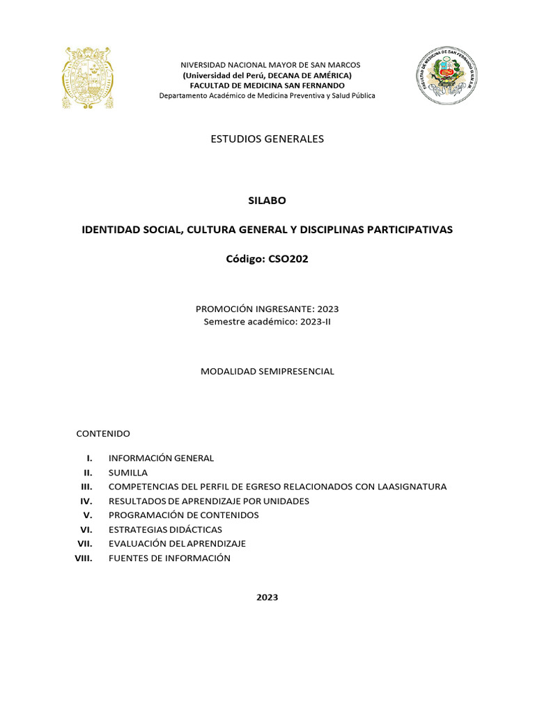 ICD23 - Silabo Identidad Social, Cultura General y Disciplinas Participativas (VPF) | PDF